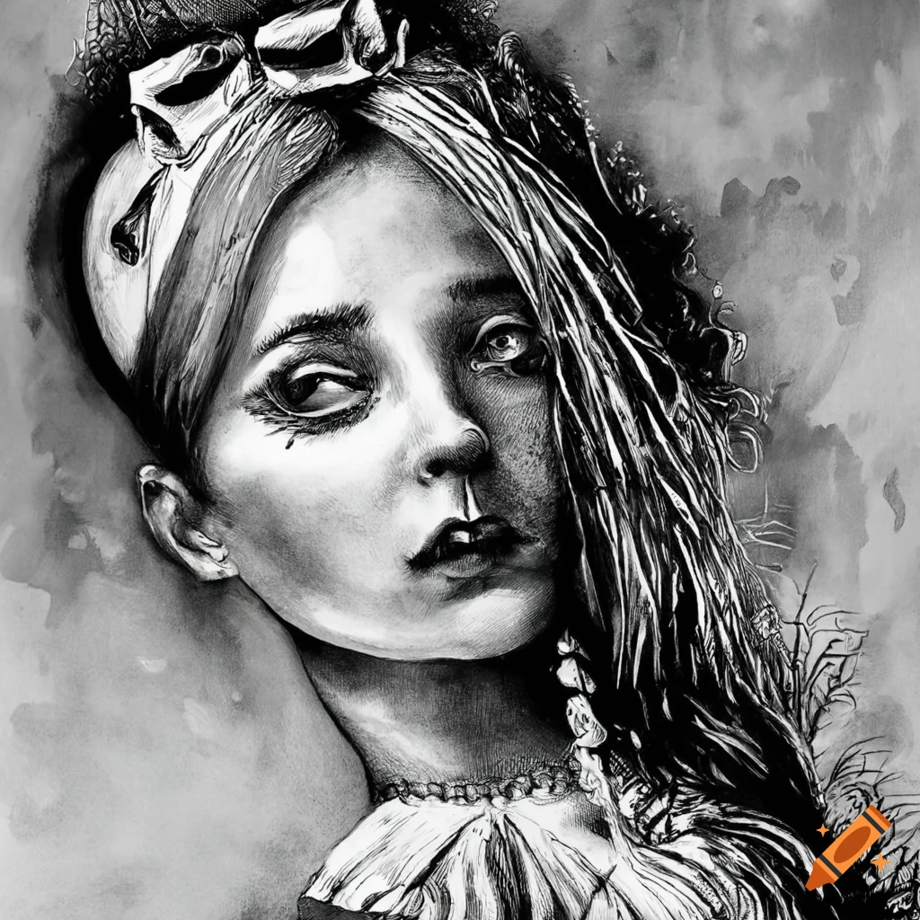 Detailed pen and ink illustration of alice in wonderland