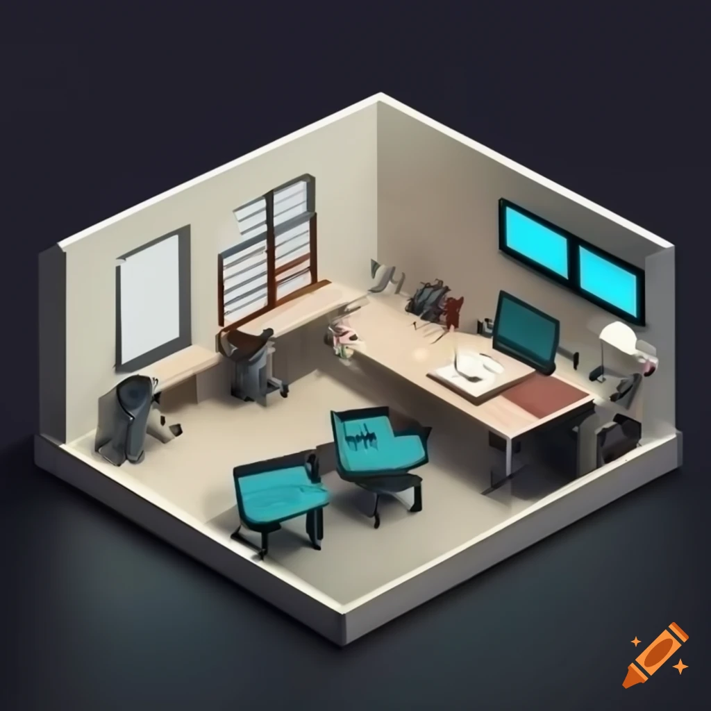 Detailed 3d isometric illustration of an office space on Craiyon