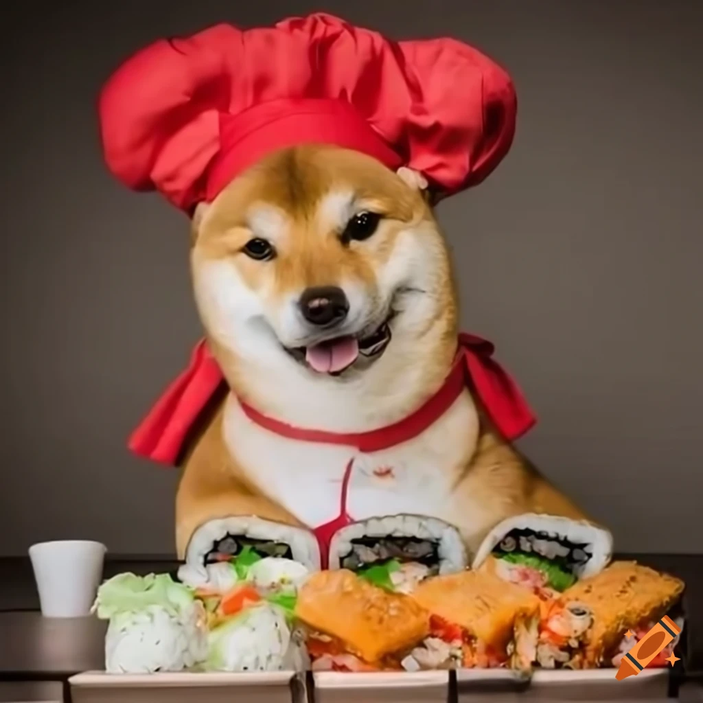 Shiba inu chef with sushi rolls on Craiyon