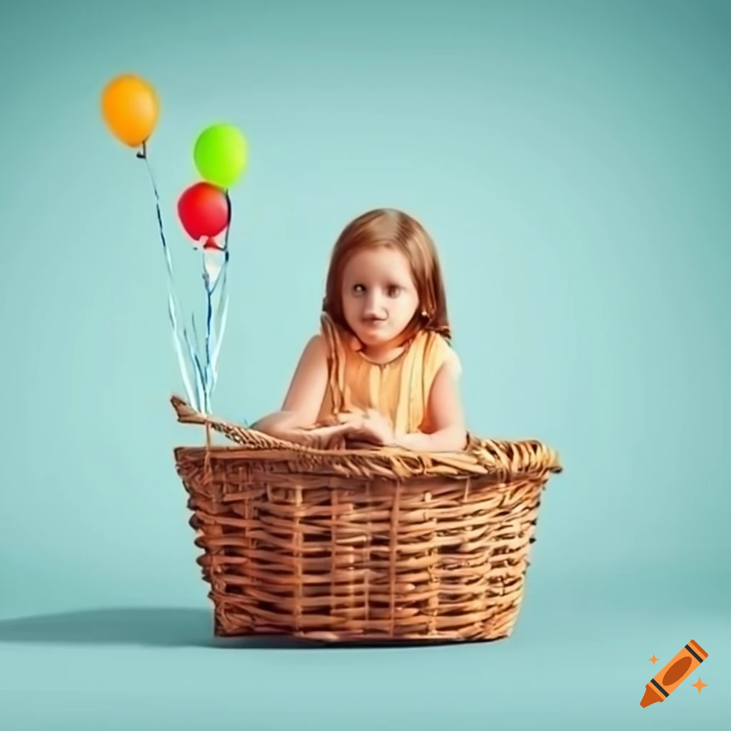 Child with balloons in a basket on Craiyon