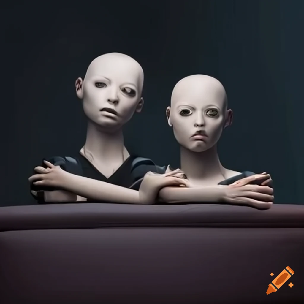 Image of two humanoid androids sitting on a sofa on Craiyon