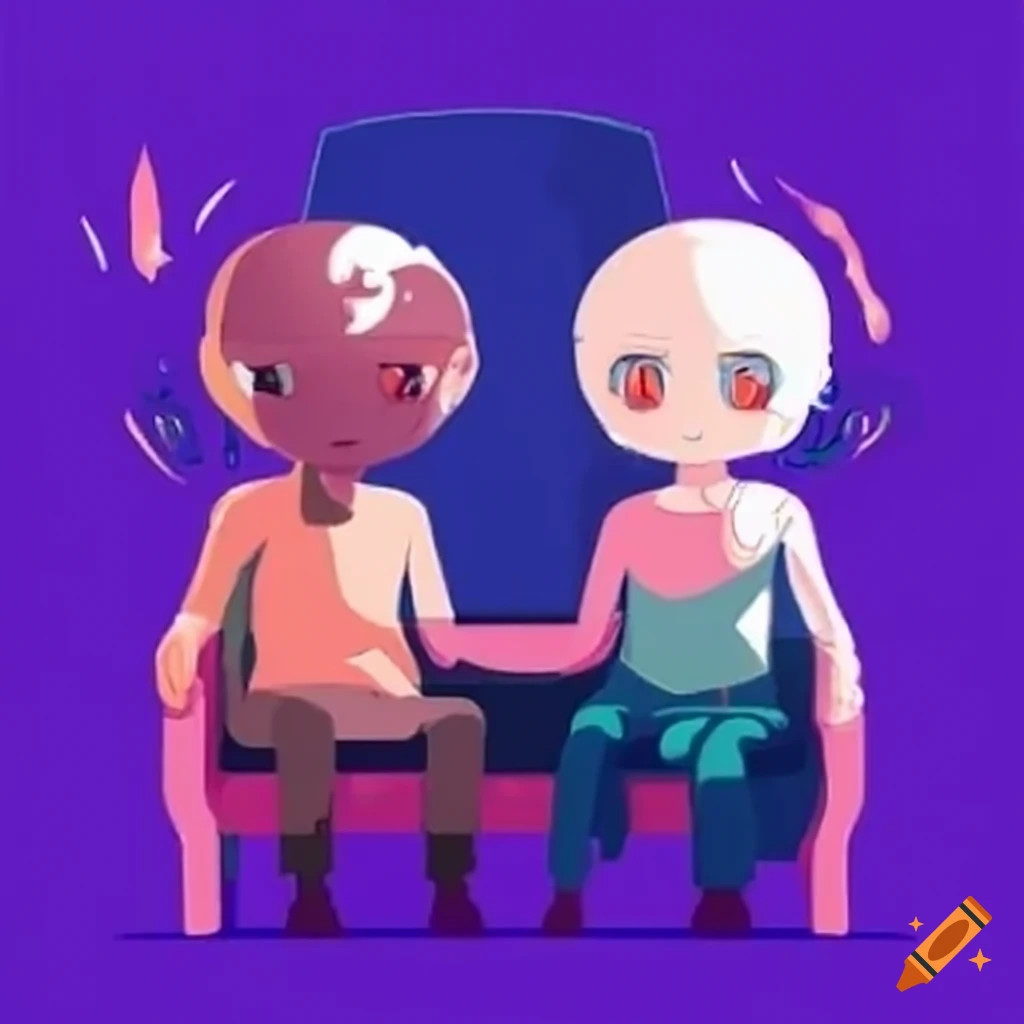 Two androids sitting on a sofa on Craiyon