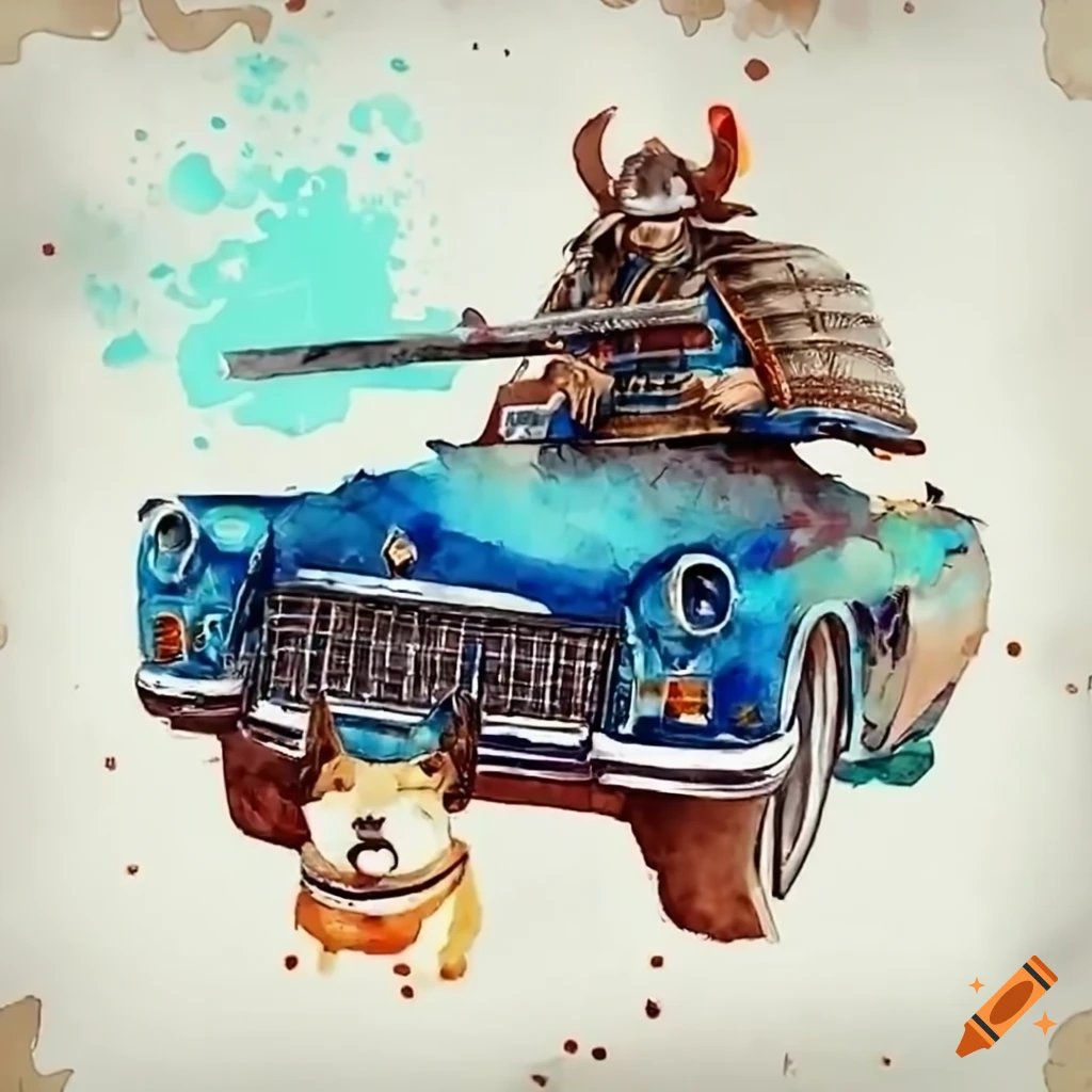 Samurai warrior with katana and corgi in a blue cadillac on Craiyon