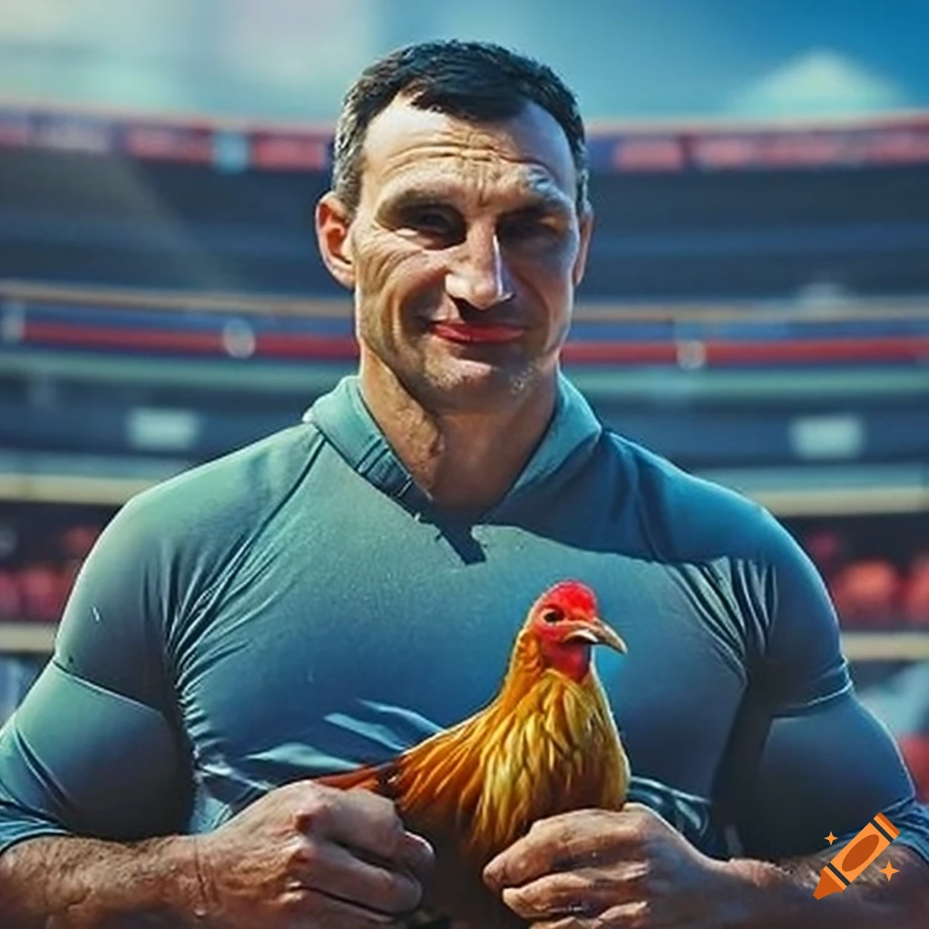 Humorous image of klitschko with two chickens under his arms
