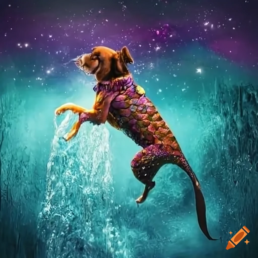 Colorful mermaid dog jumping in waterfall on Craiyon