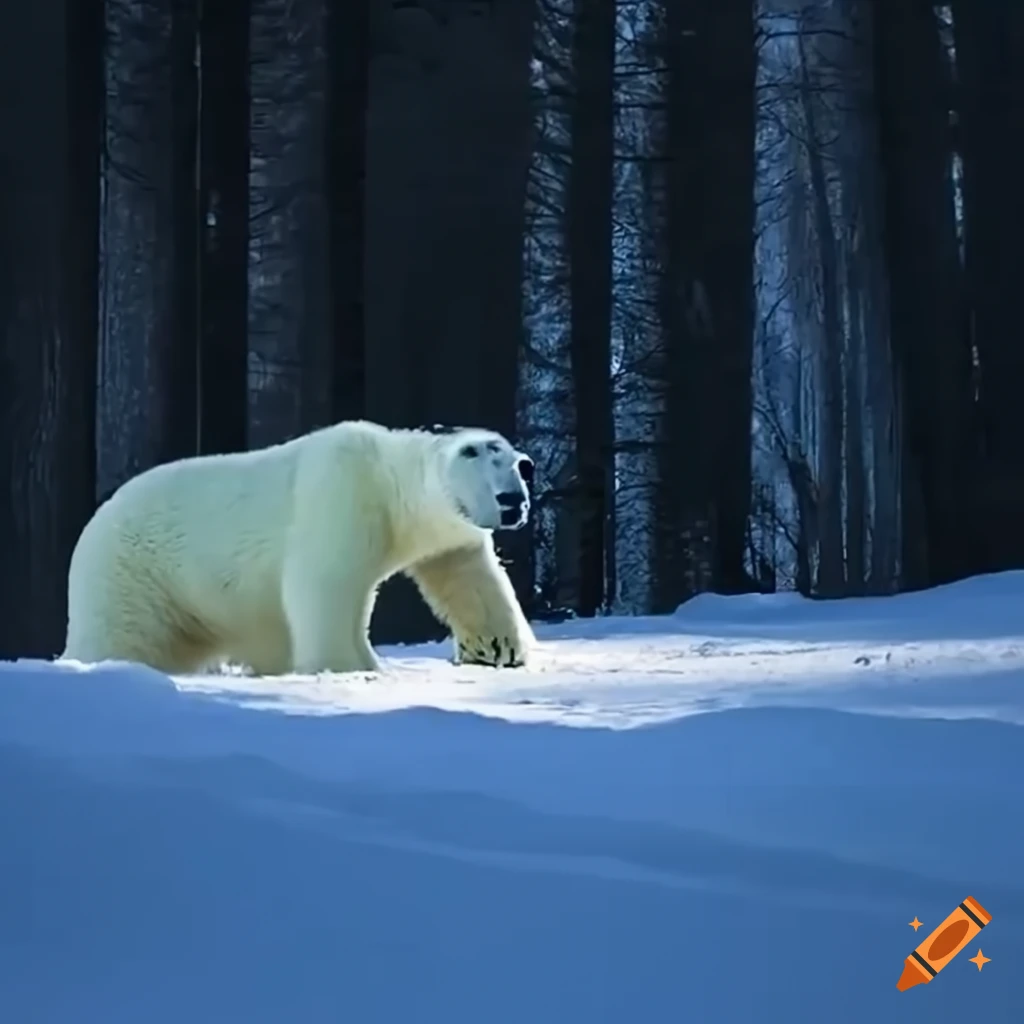 Polar bear in a snowy forest at evening on Craiyon