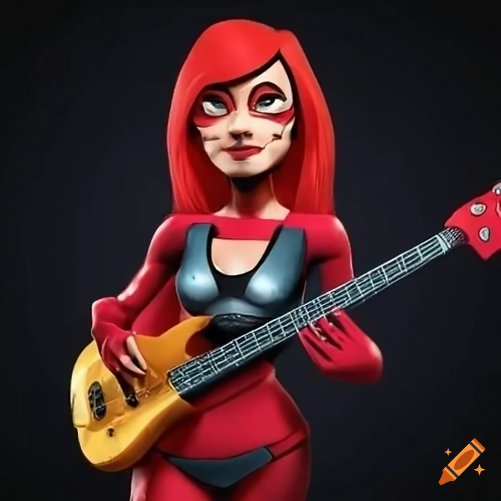 Image of a female superhero playing the bass guitar