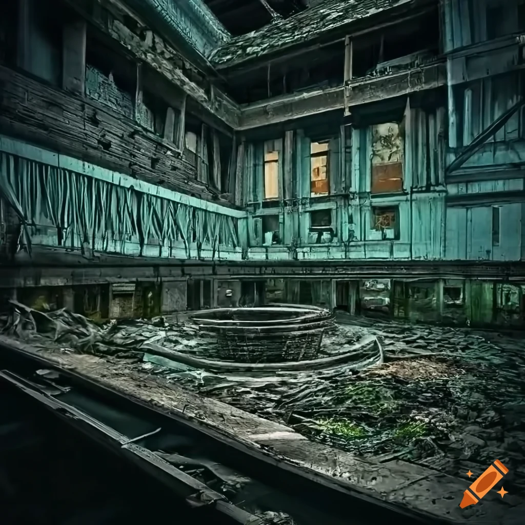 Post-apocalyptic haunted interior of a shopping complex on Craiyon