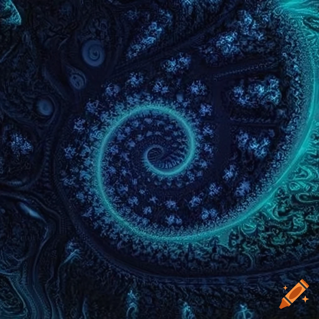 Intricate fractal nautilus spiral gold and blue with ferns pattern on ...