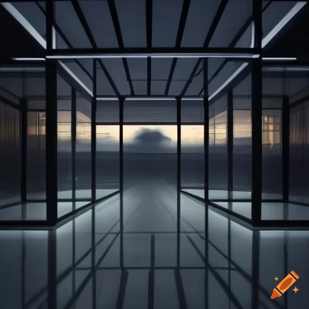 Nighttime view of a shiny glass house with white floor