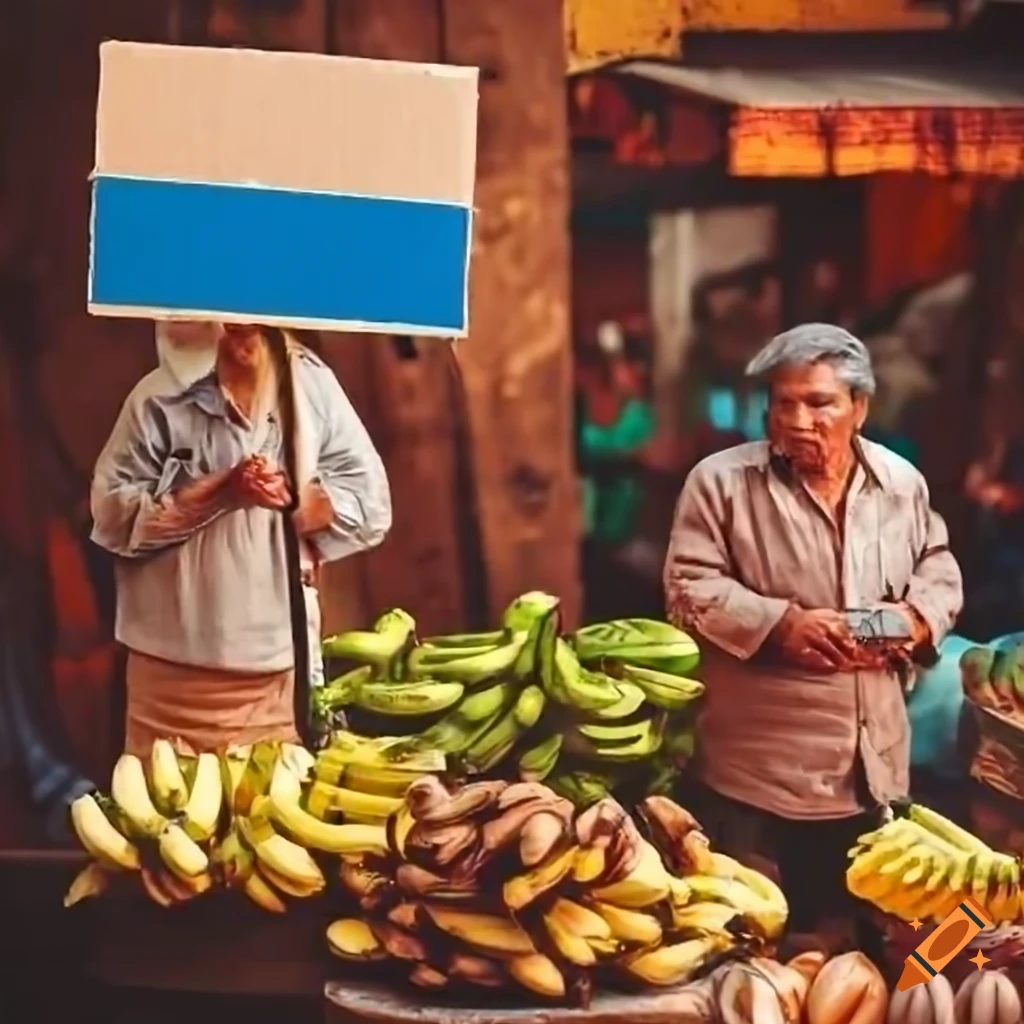 Two men in a busy market selling bananas on Craiyon