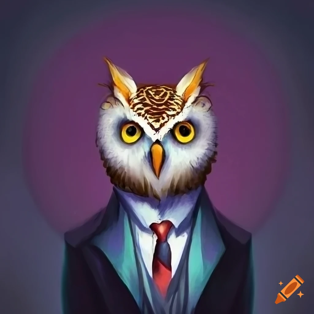 Orange owl person in a suit and tie doing the gritty dance on Craiyon