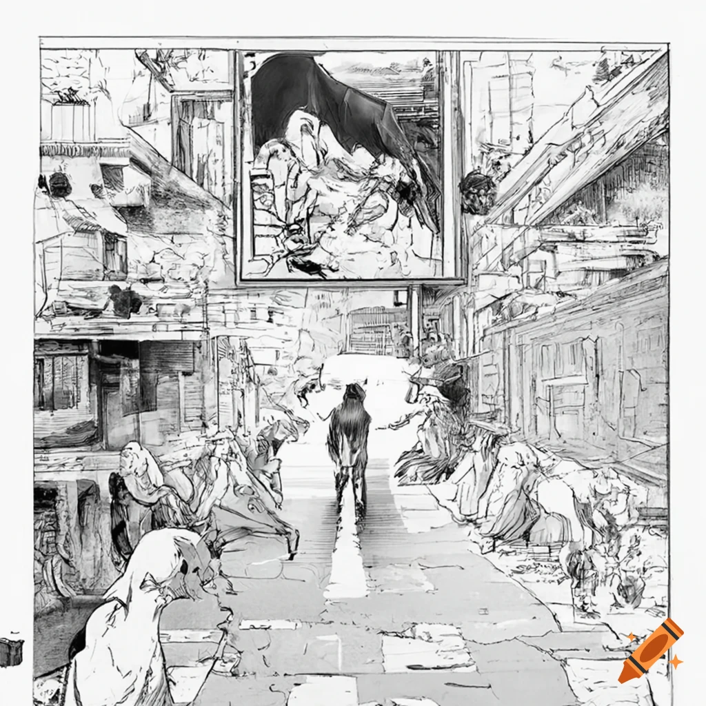 Illustration of futuristic dog fight by Katsuhiro Otomo on Craiyon