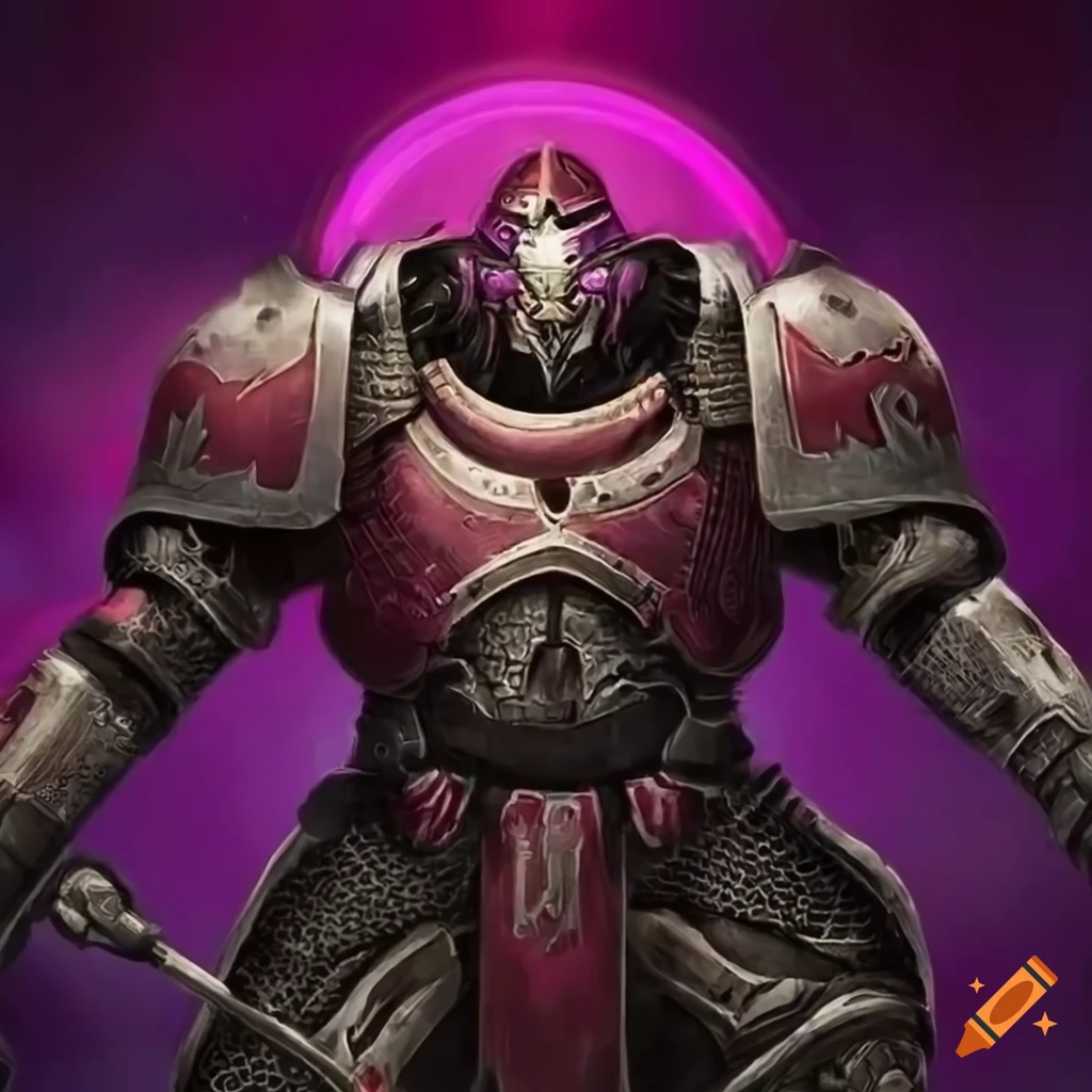 Scifi knight in full plate with magenta shield and warhammer on Craiyon
