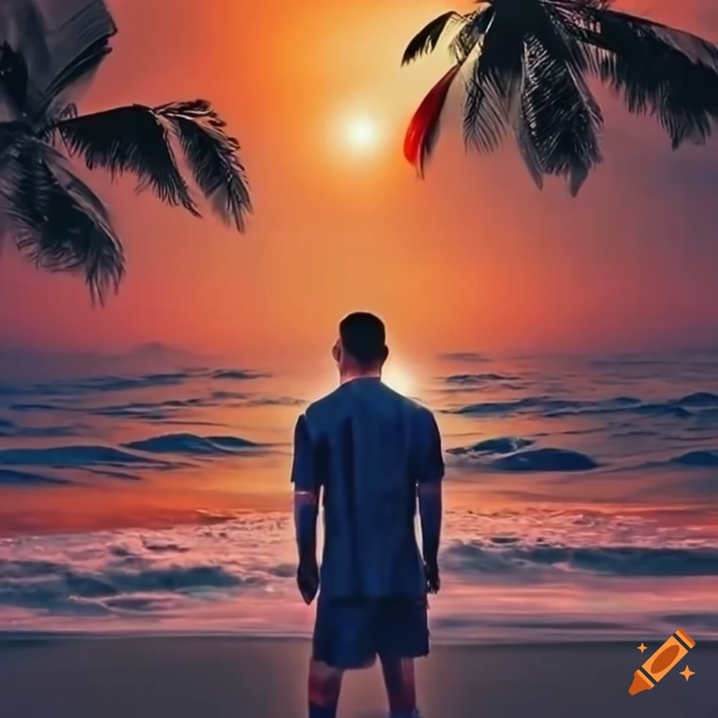 Lionel messi enjoying the sunrise at a beach mansion on Craiyon