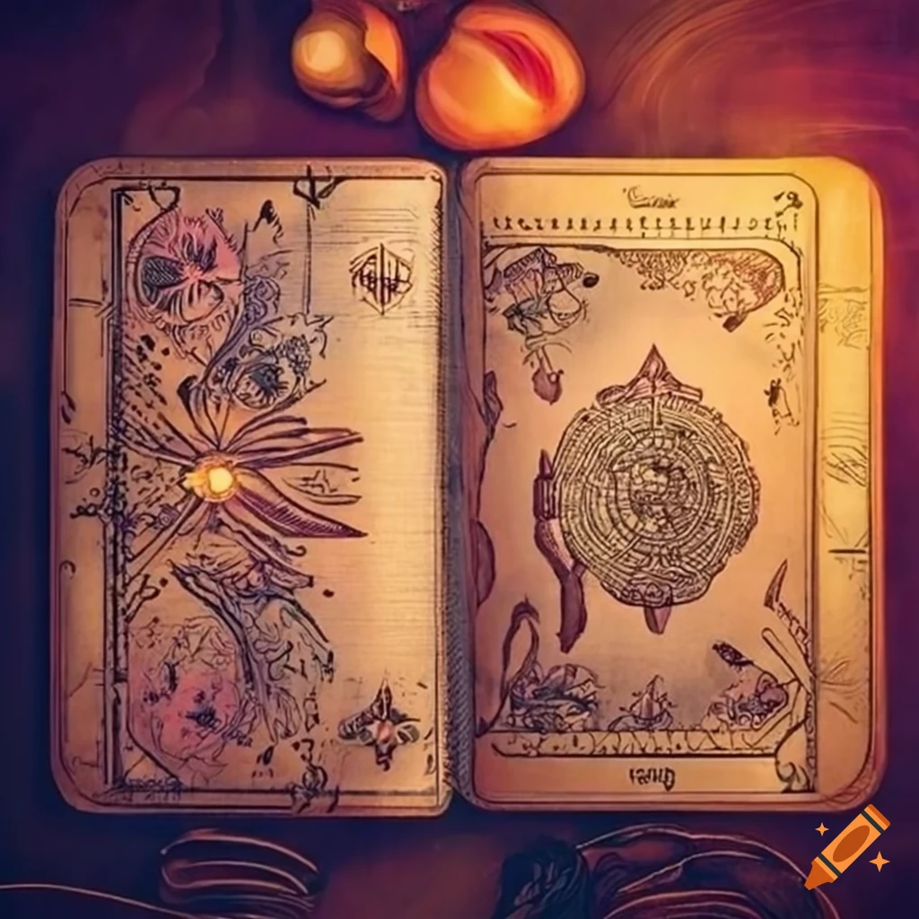 Vintage-style notebook with detailed tarot card drawings