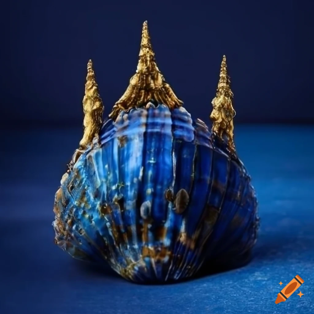 Detailed sculpture of a castle made of a dark blue sea shell with gold ...