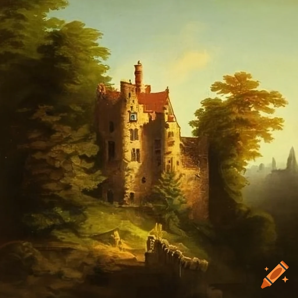 Medieval painting of an abandoned mansion inspired by hieronymous bosch ...
