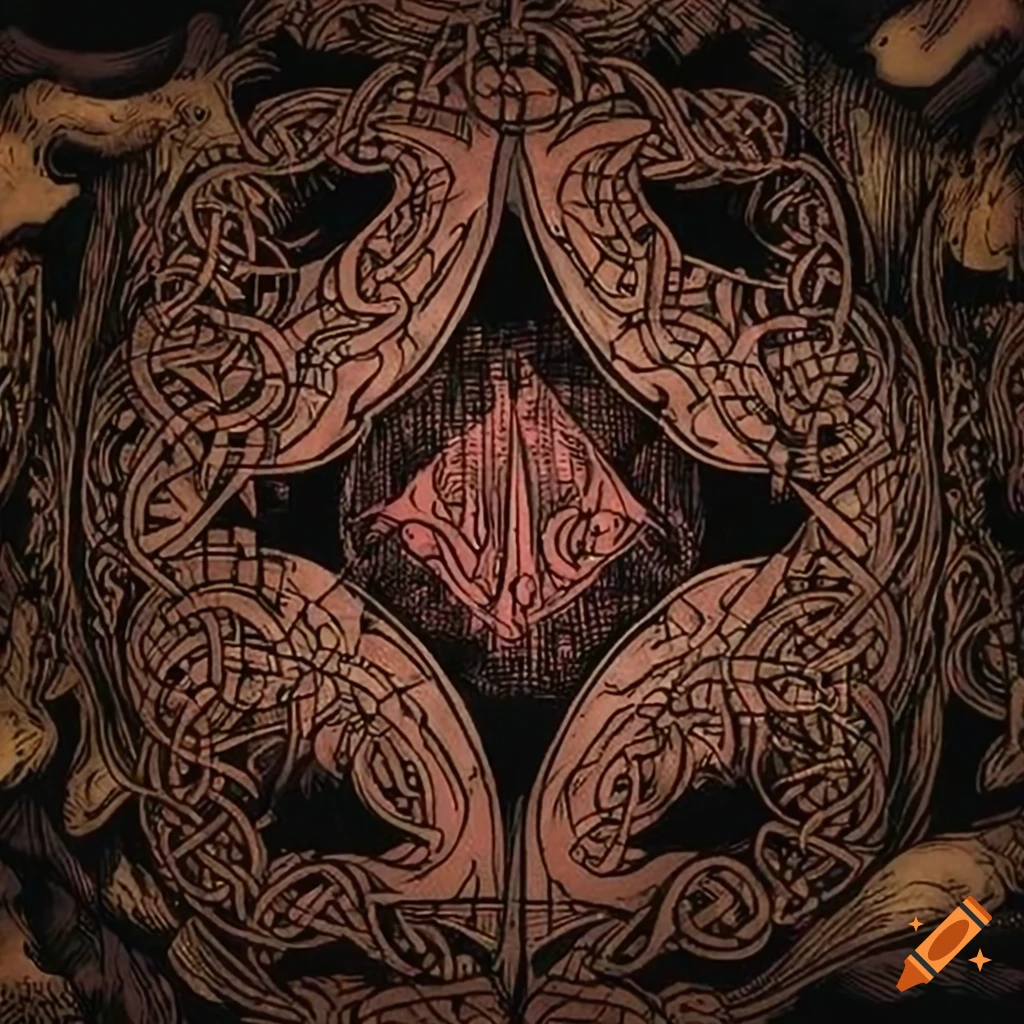 Vintage poster with intricate celtic knots and norse runes in red ...