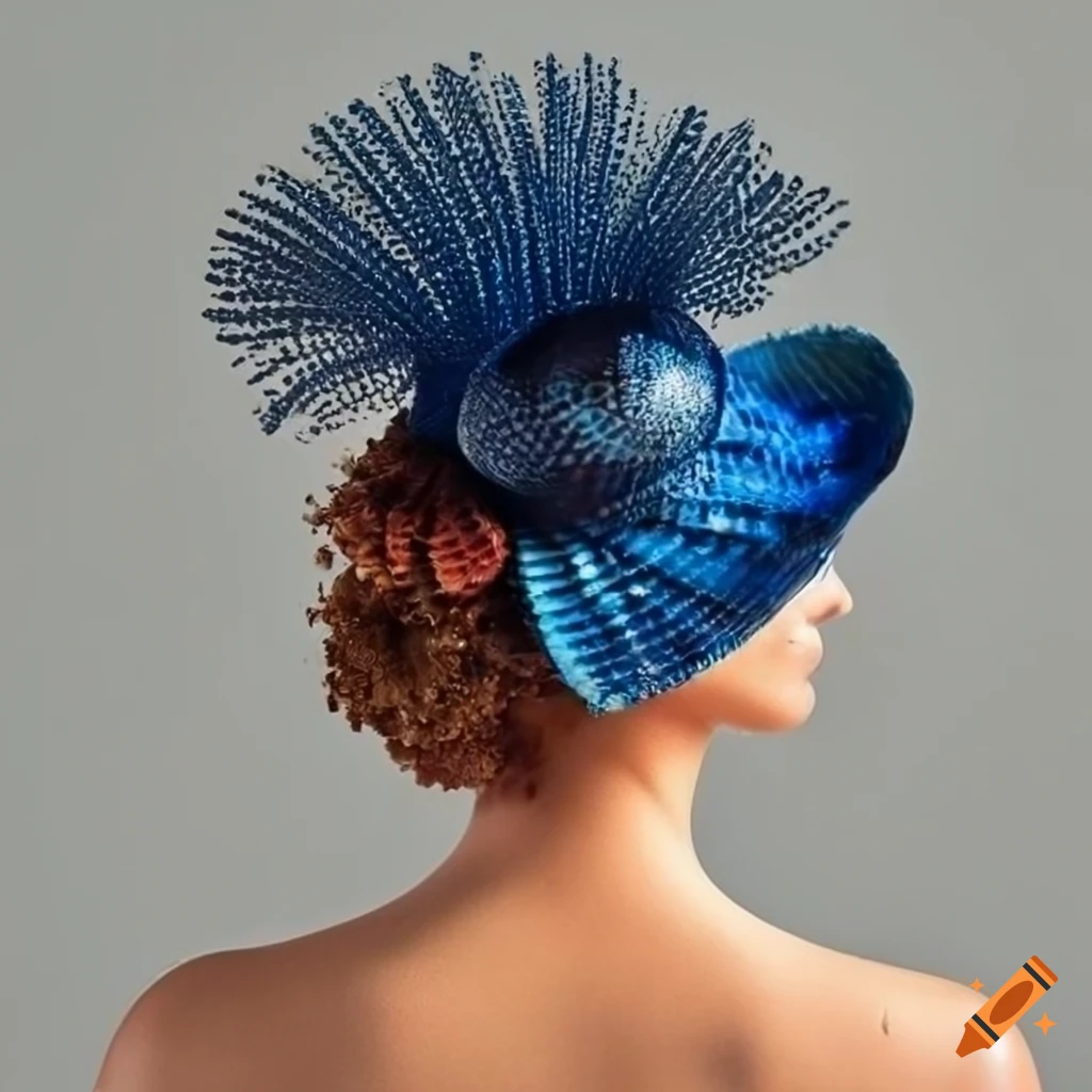 Detailed dark blue sea shell hat with gold trims