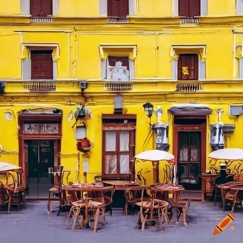 Photo of a cozy yellow cafe facade with lace ornaments