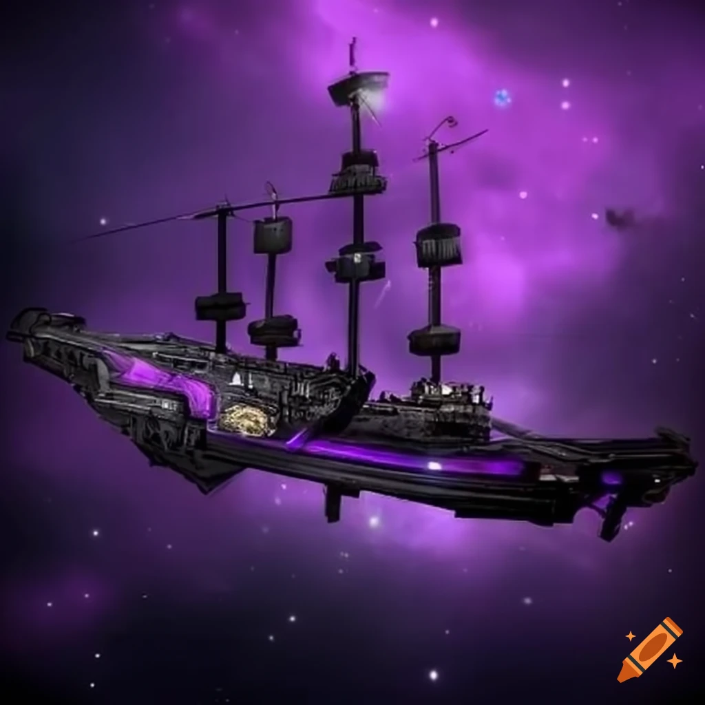 Purple and black futuristic space pirate ship on Craiyon