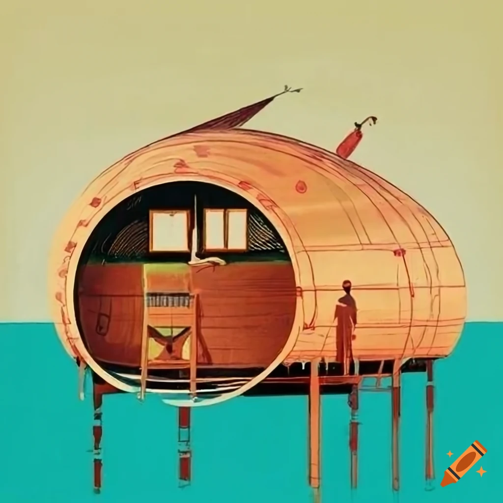 Vintage-style technical drawing of a unique living pod