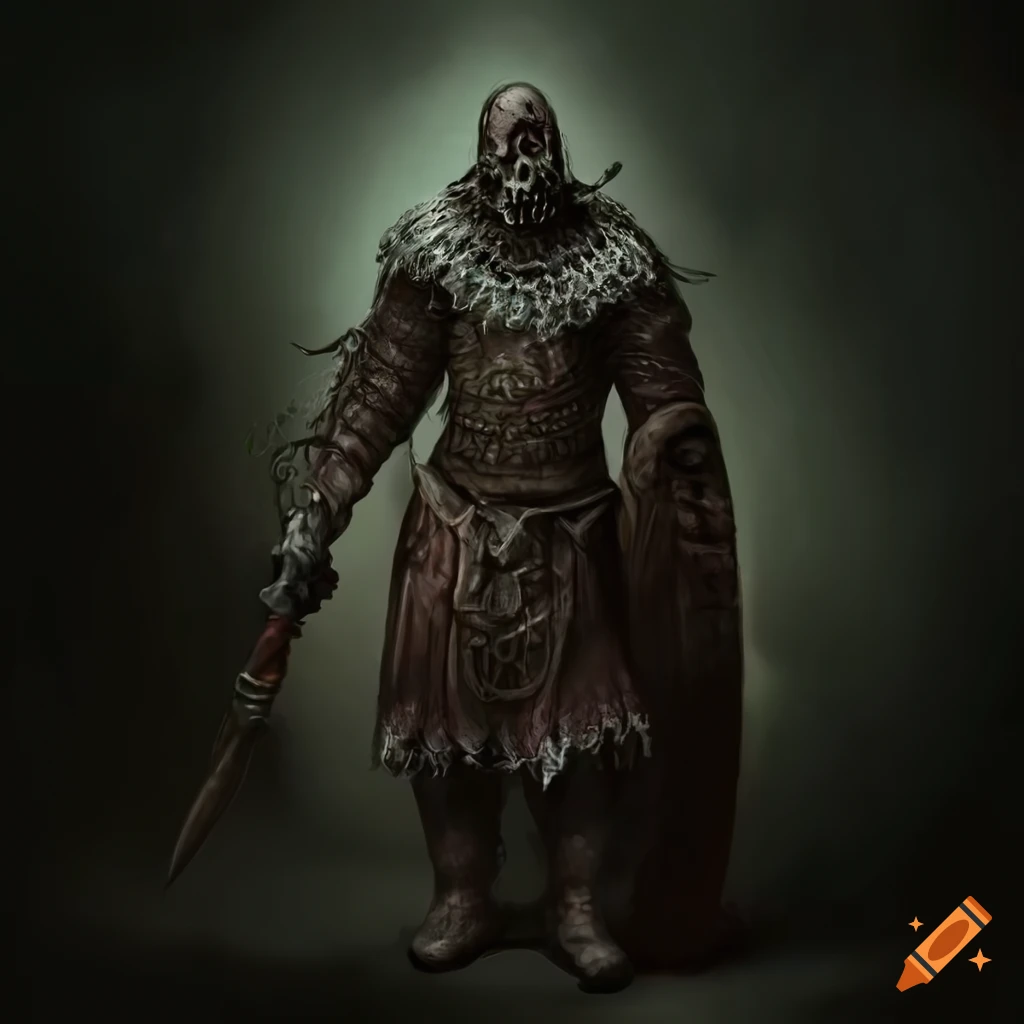 Dark fantasy undead warrior with twisted mouth and sword