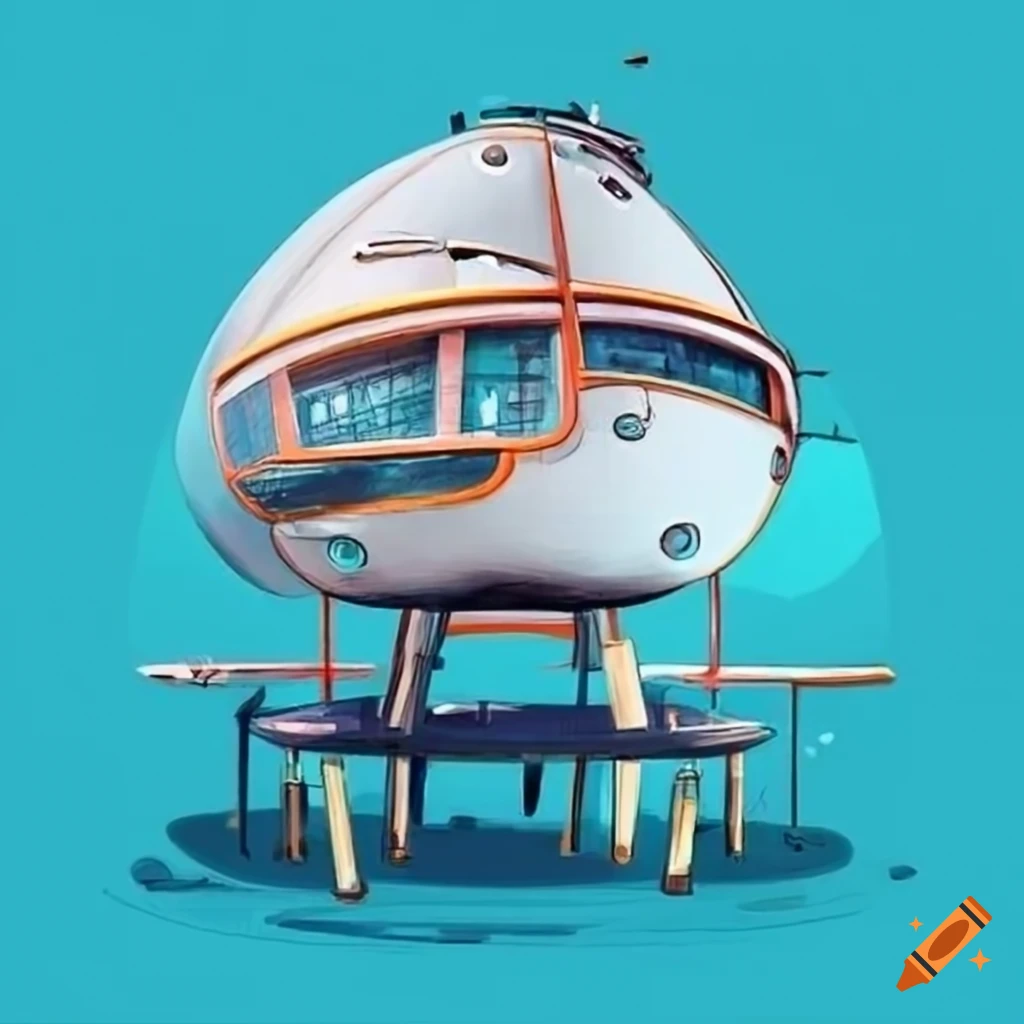 Retro futurism style technical drawing of a living pod on Craiyon