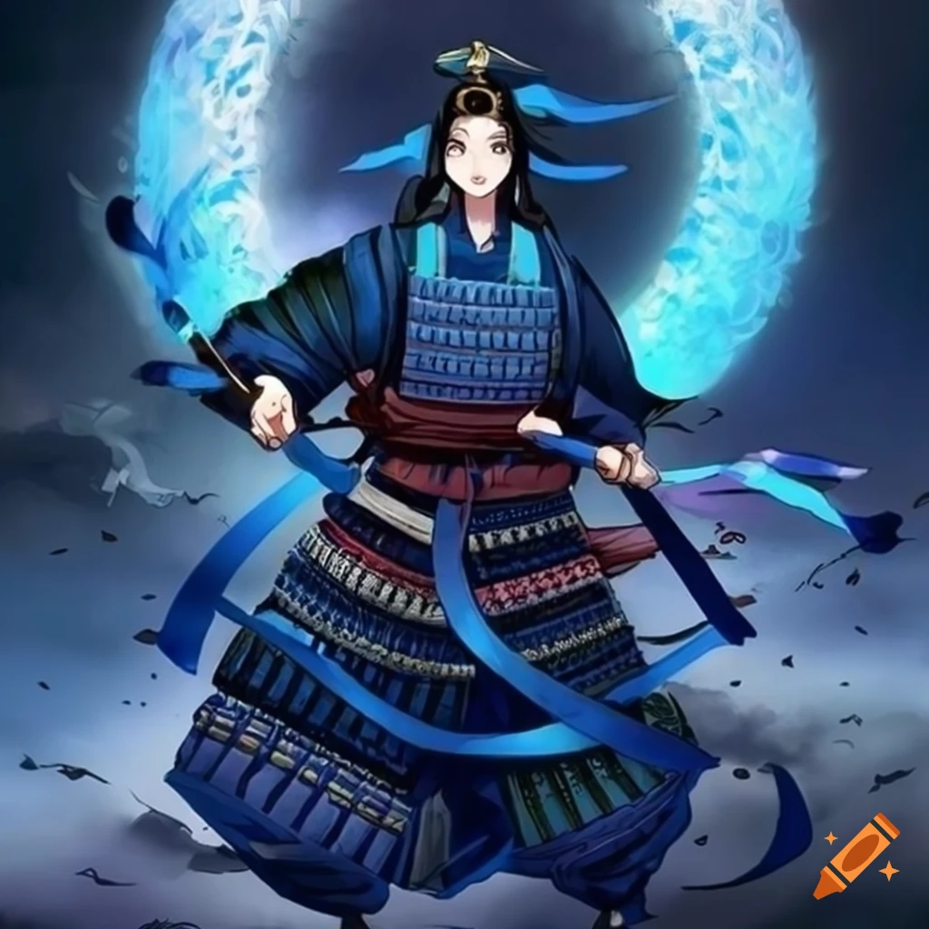 Fantasy anime art of a samurai with blue ribbons on Craiyon