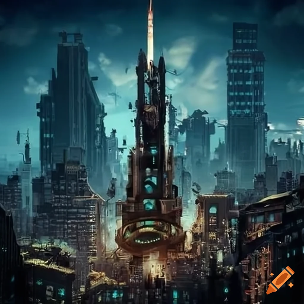 Steampunk cyber skyscraper in the city on Craiyon