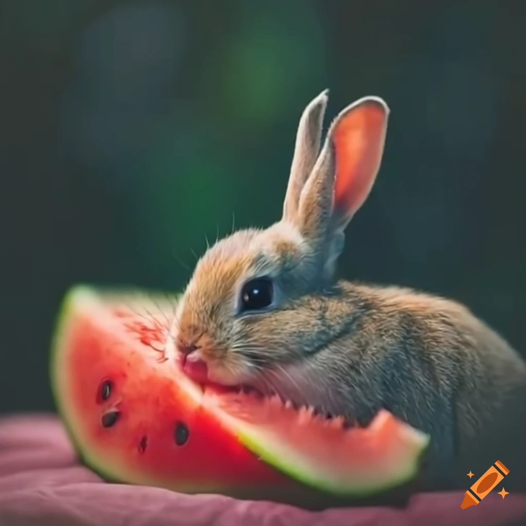 Rabbit eating watermelon in bed on Craiyon