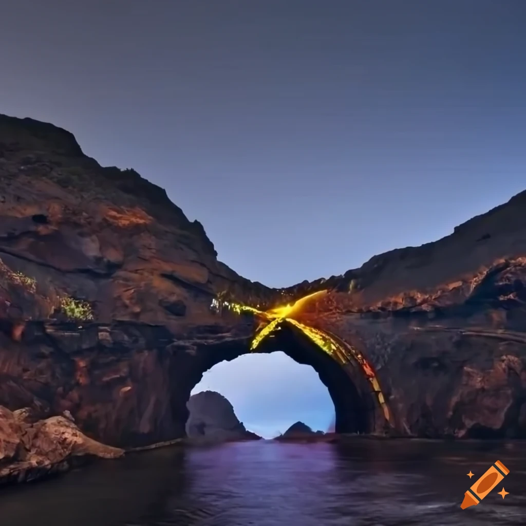 Bridge over lava river at night on Craiyon