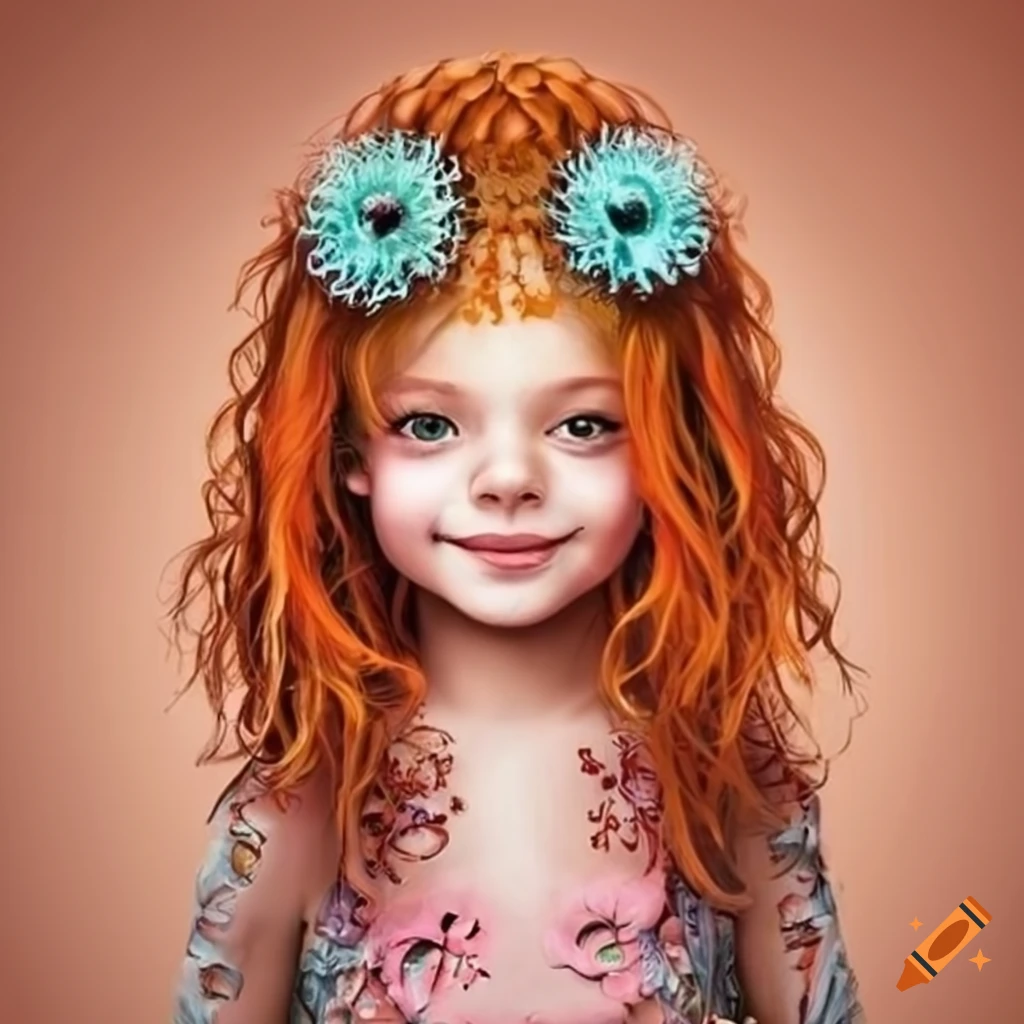 Illustration of adorable smiling ginger-haired girls in colorful outfits on Craiyon