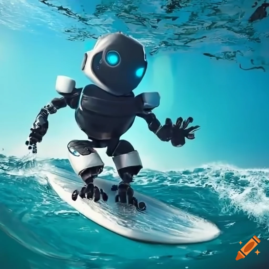 A robot surfing on a wave using a keyboard (on the moon) on Craiyon