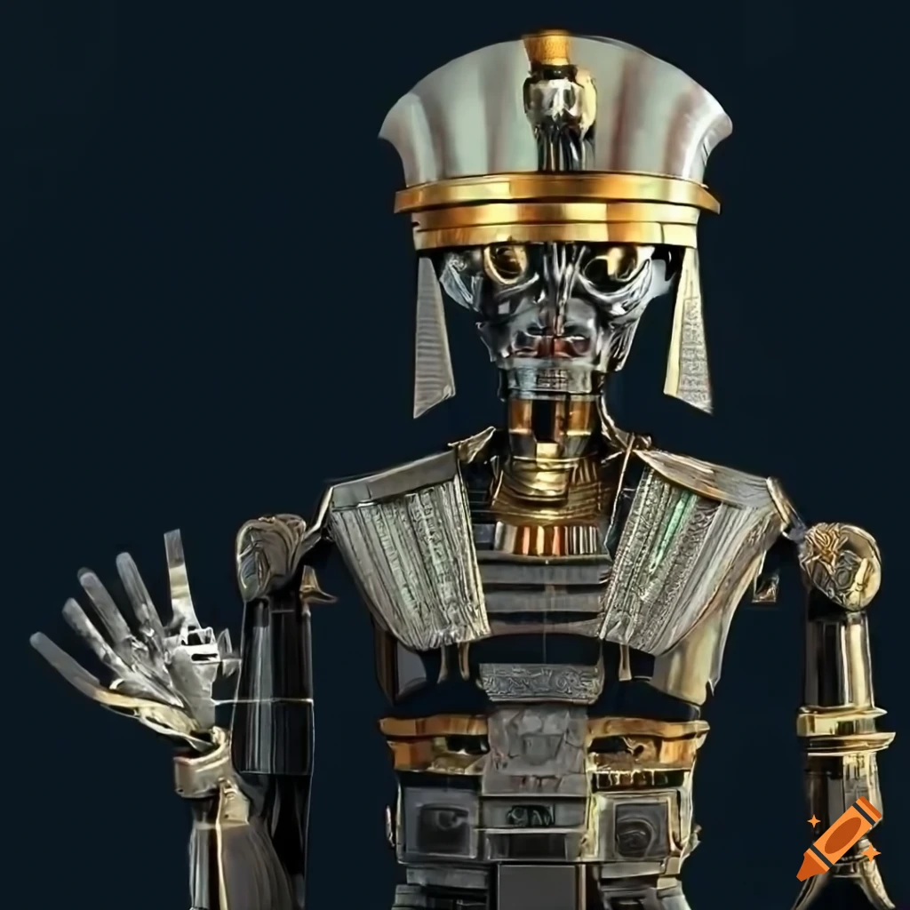 Tall slim futuristic robot with shining surface of ancient greek ...