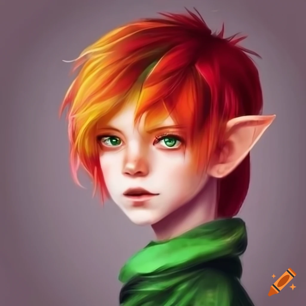 Cute elf boy with red and green hair on Craiyon