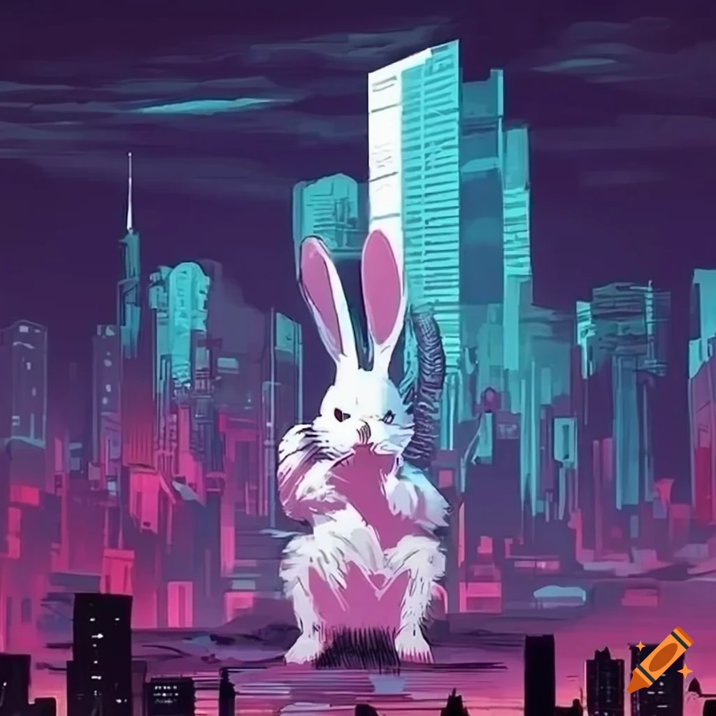 Graphic novel style art of a giant white bunny in a futuristic city on ...