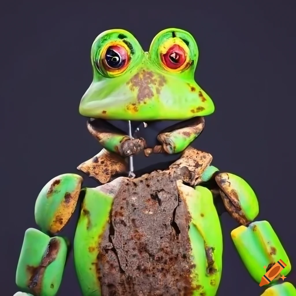 Creepy animatronic frog with rusty metal on Craiyon
