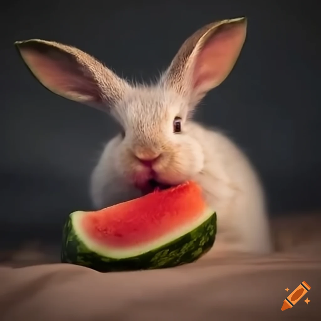 Rabbit eating watermelon in bed on Craiyon