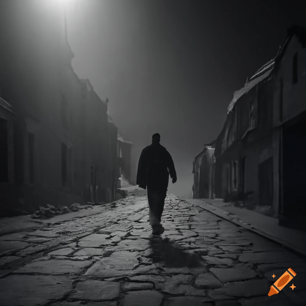 Man walking in a creepy street with broken houses and a distant pyramid ...