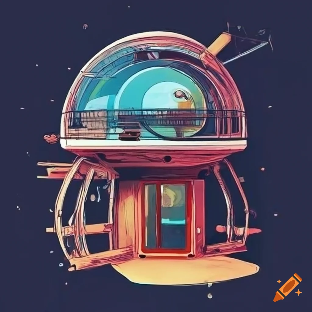 Retro futurism concept art of a living pod with unique landing stilts ...