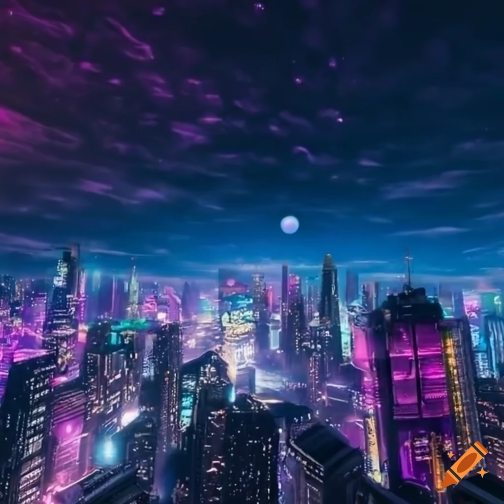 Cyberpunk cityscape on the moon with earth in background