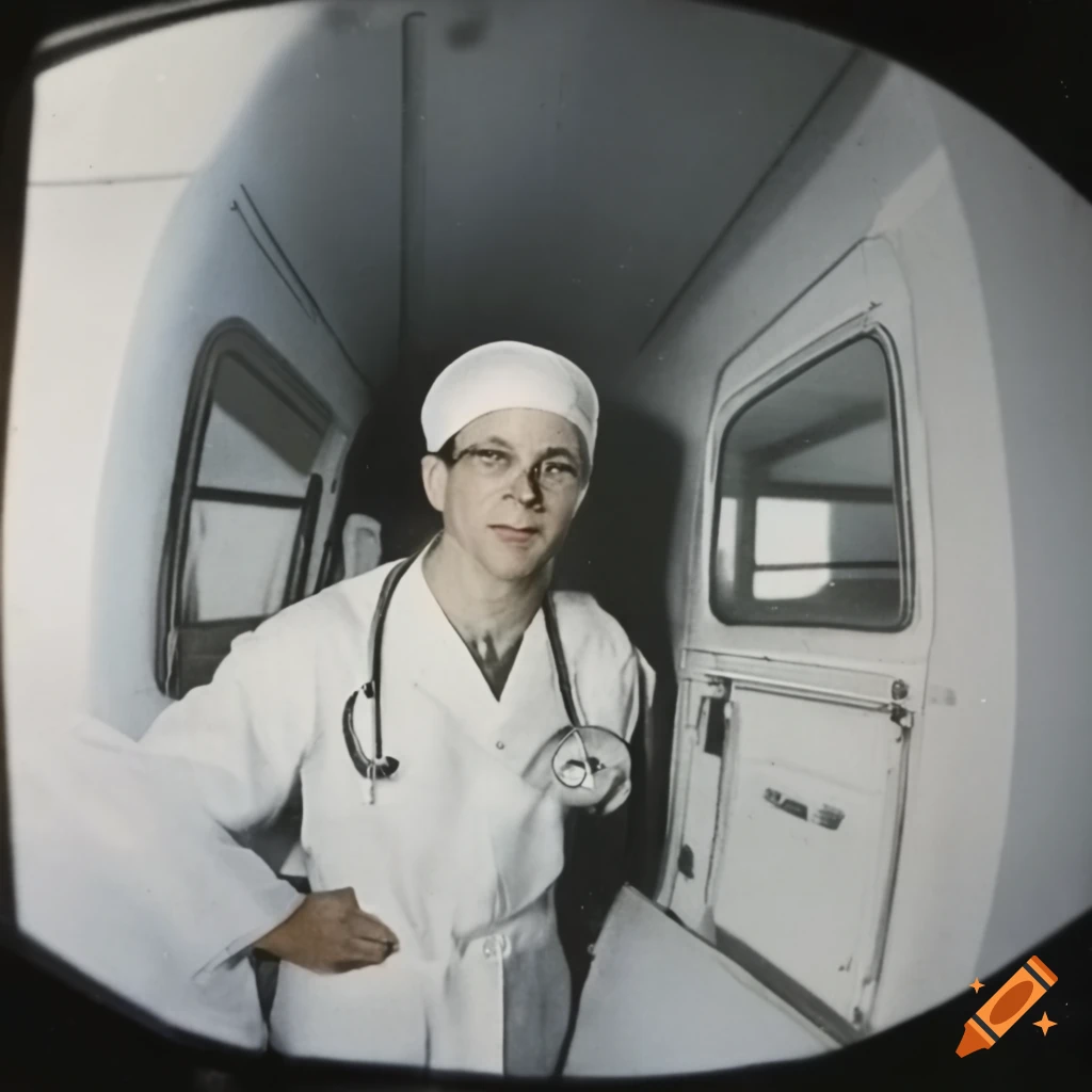 1940s color photograph of male doctor next to white ambulance