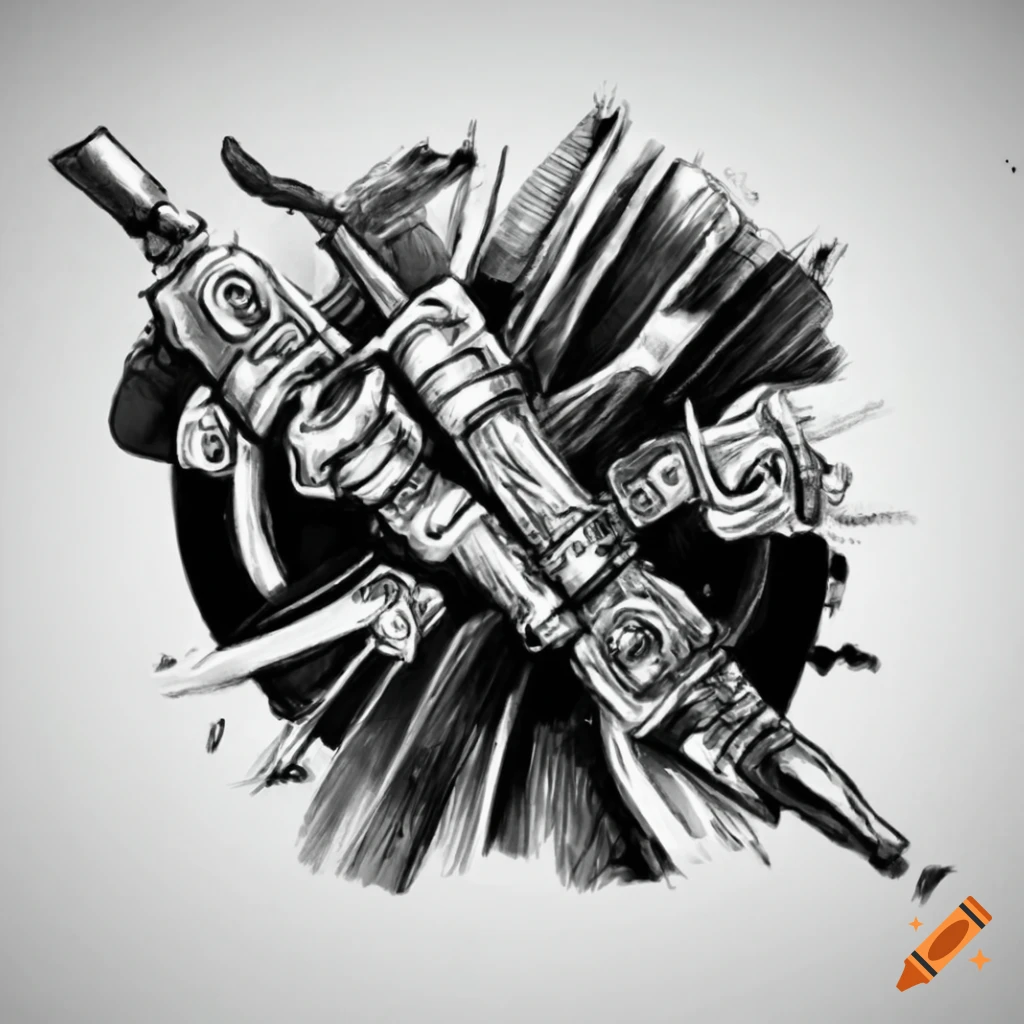 Ink illustrations of various weapons on Craiyon