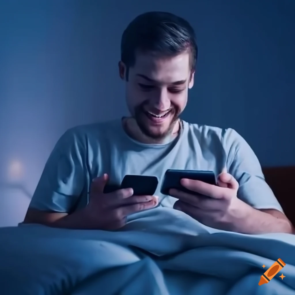 Man using phone in bed at night on Craiyon