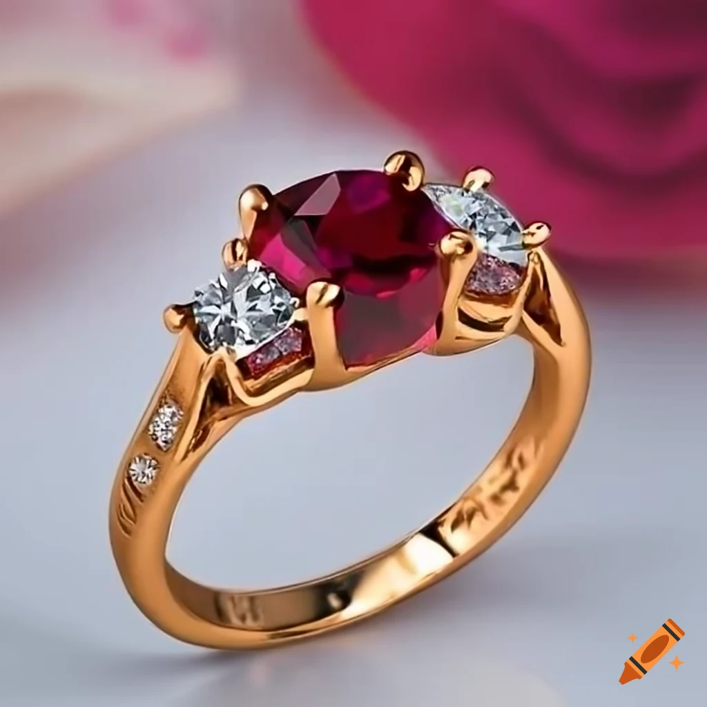 Engraved gold engagement ring with crimson ruby center gem on Craiyon