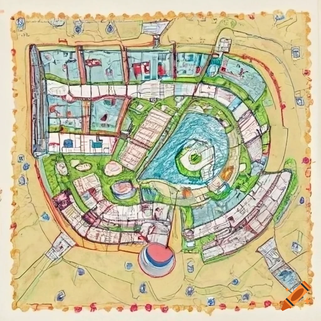 Aerial view map of a utopia with schools, medical buildings ...