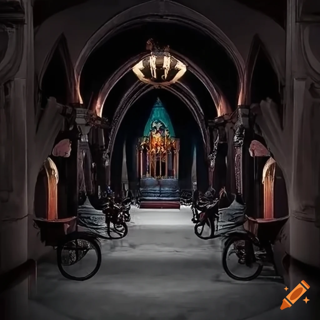 Interior of a dark ride with ride gondolas on Craiyon