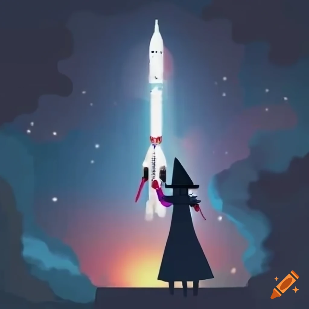 Witch watching rocket launch at night on Craiyon